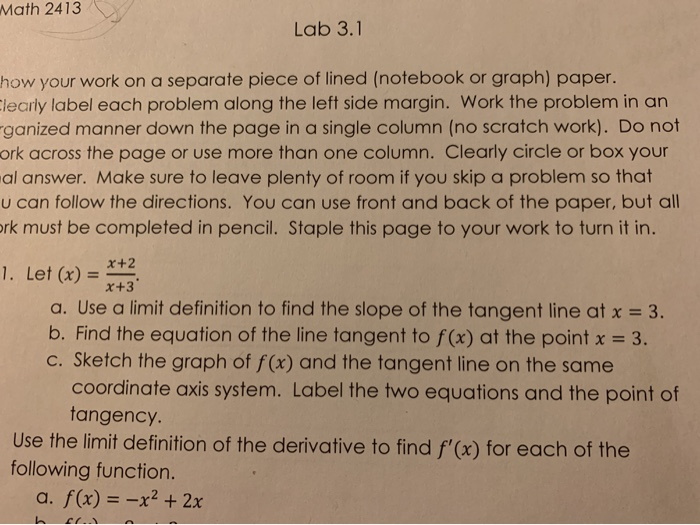 Solved Math 2413 Lab 3.1 how your work on a separate piece | Chegg.com