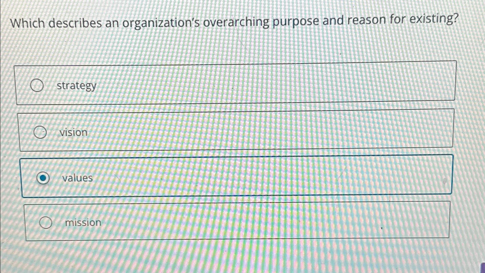 Solved Which describes an organization's overarching purpose | Chegg.com