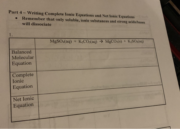 Solved Part 4 - Writing Complete Ionic Equations and Net | Chegg.com