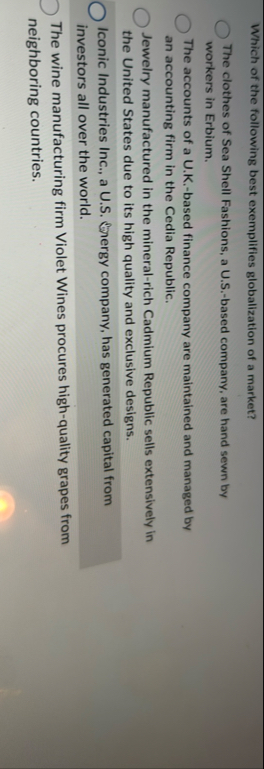 Solved Which of the following best exemplifies globalization | Chegg.com