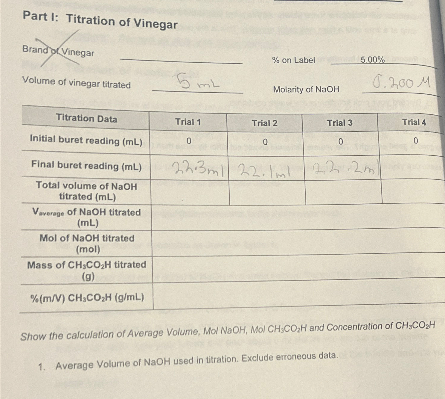Solved Part I: Titration of VinegarAverage Volume of NaOH | Chegg.com