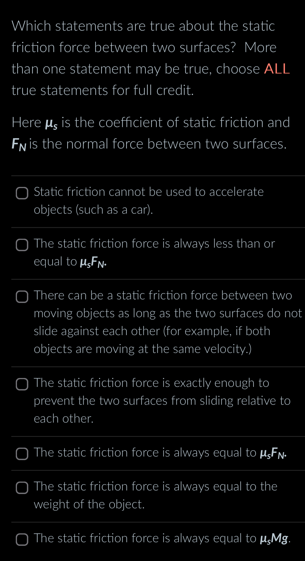 Solved Which statements are true about the static friction | Chegg.com