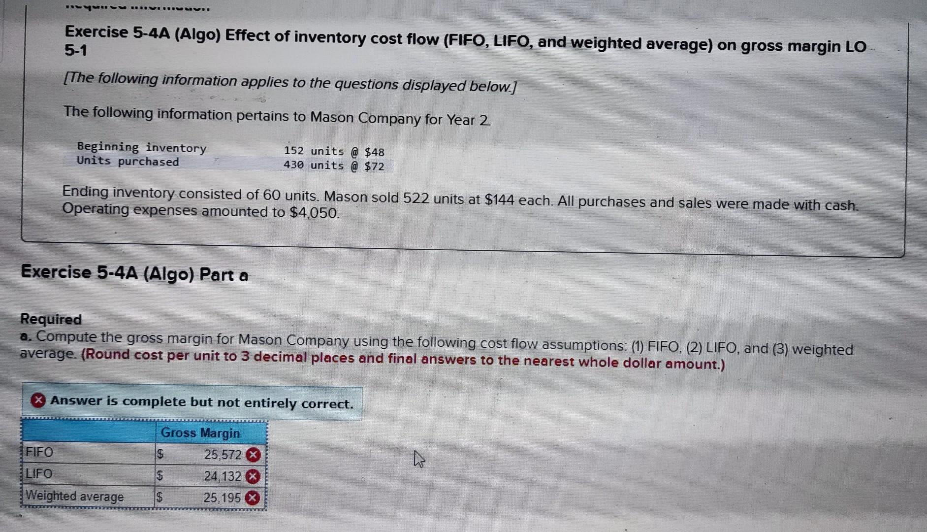 Solved Exercise 5-4A (Algo) Effect of inventory cost flow | Chegg.com