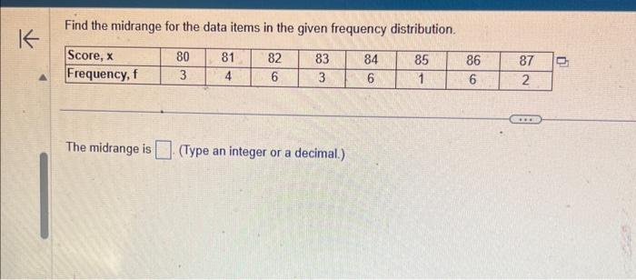 Solved Find the midrange for the data items in the given | Chegg.com