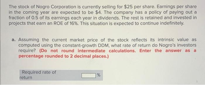 Solved The stock of Nogro Corporation is currently selling | Chegg.com