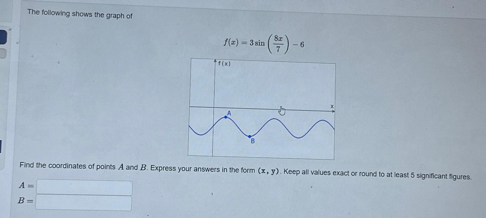 Solved The following shows the graph off(x)=3sin(8x7)-6Find | Chegg.com
