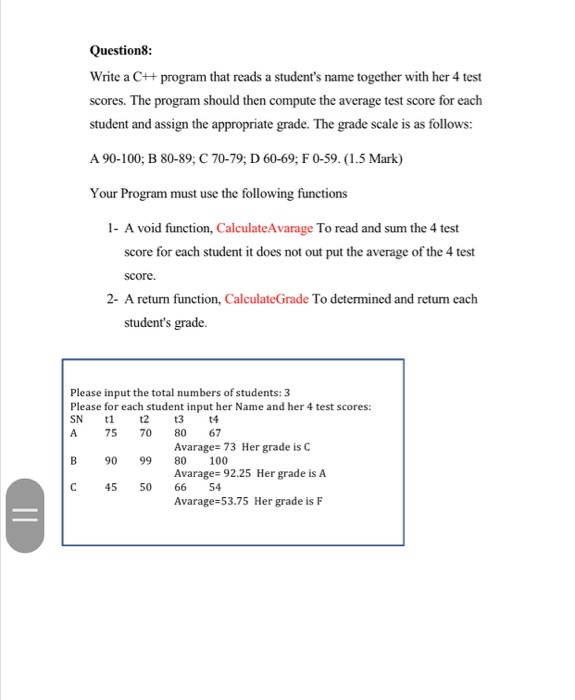 Solved Question8: Write a CH program that reads a student's | Chegg.com