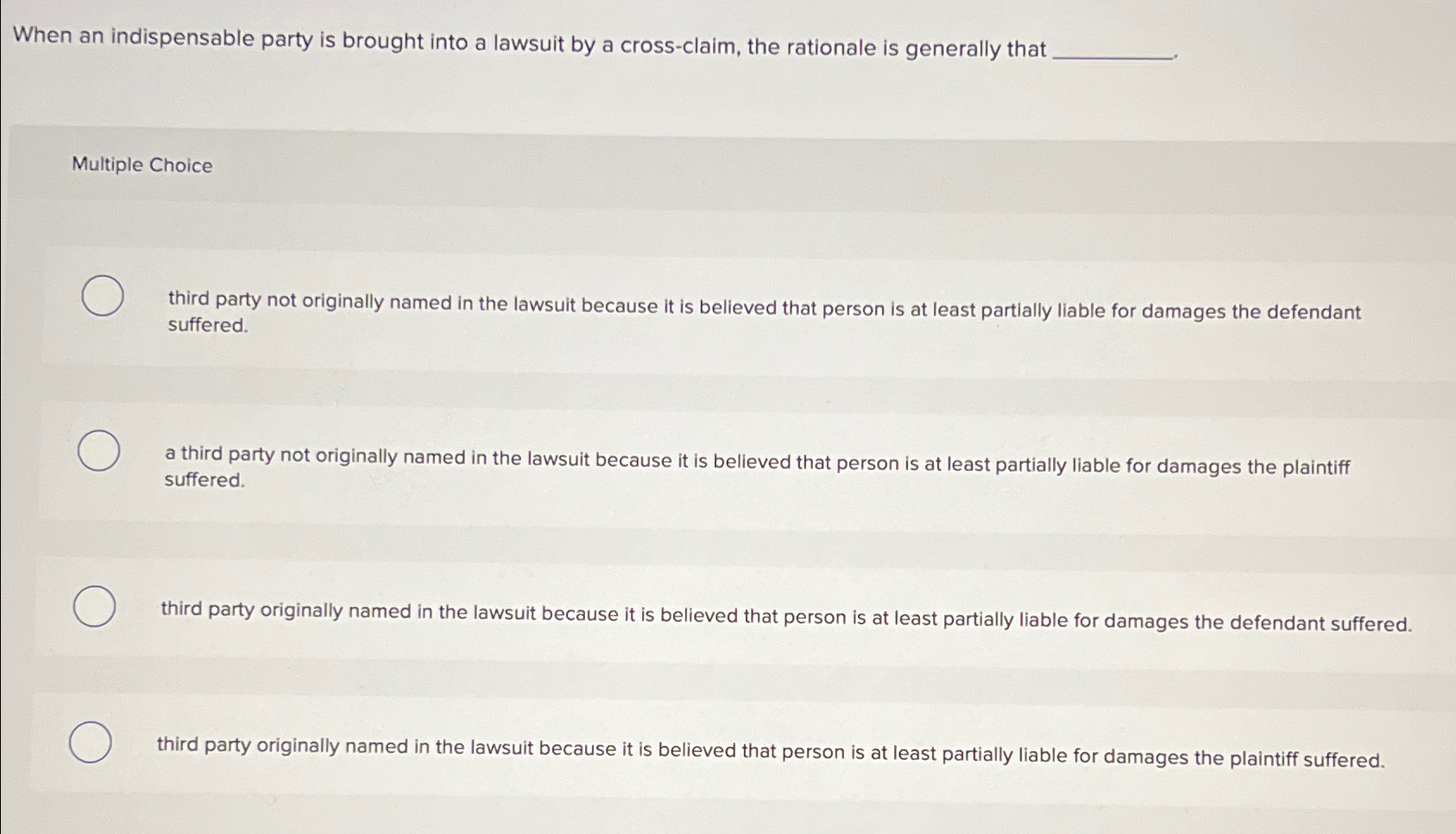 Solved When an indispensable party is brought into a lawsuit | Chegg.com