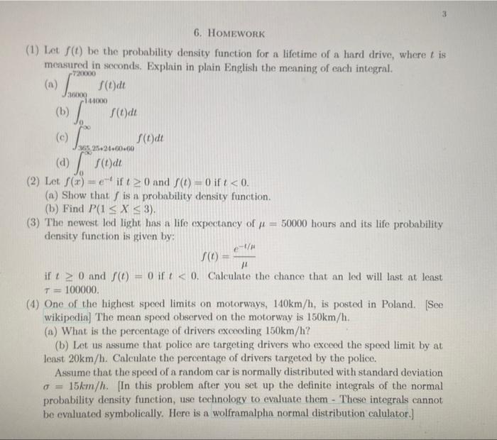 Solved (1) Let f (t) be the probability density function for | Chegg.com