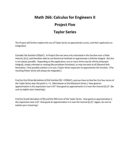 Math 266: Calculus for Engineers II Project Five | Chegg.com