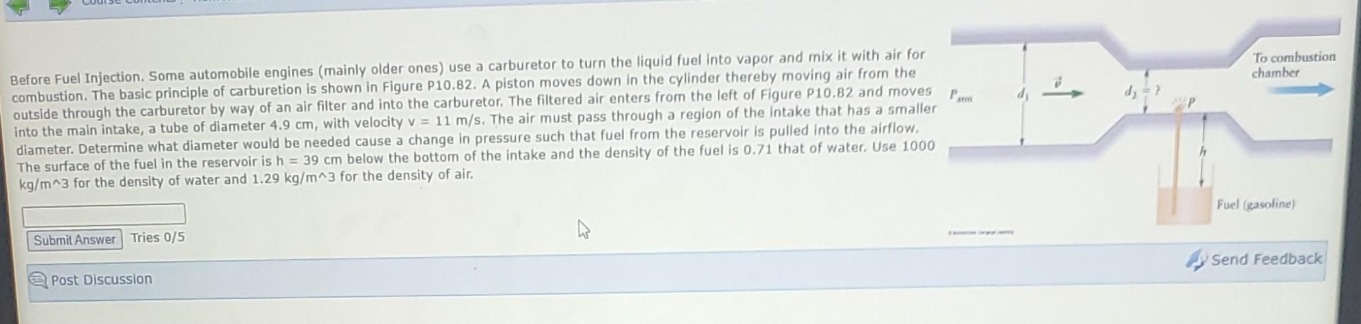 Solved Before Fuel Injection. Some automobile engines | Chegg.com