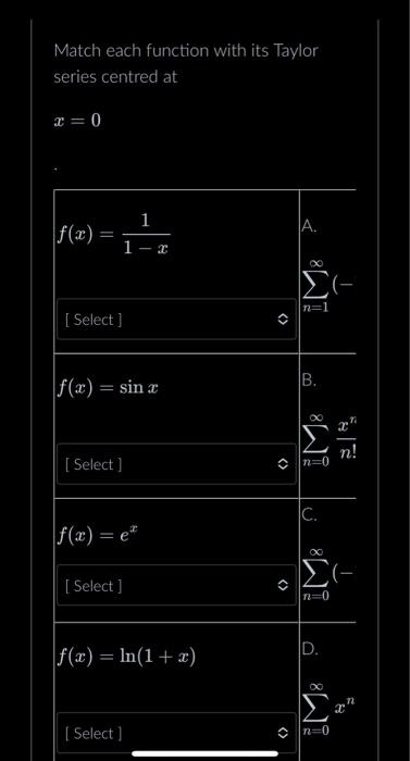 Solved Match each function with its Taylor series centred at | Chegg.com