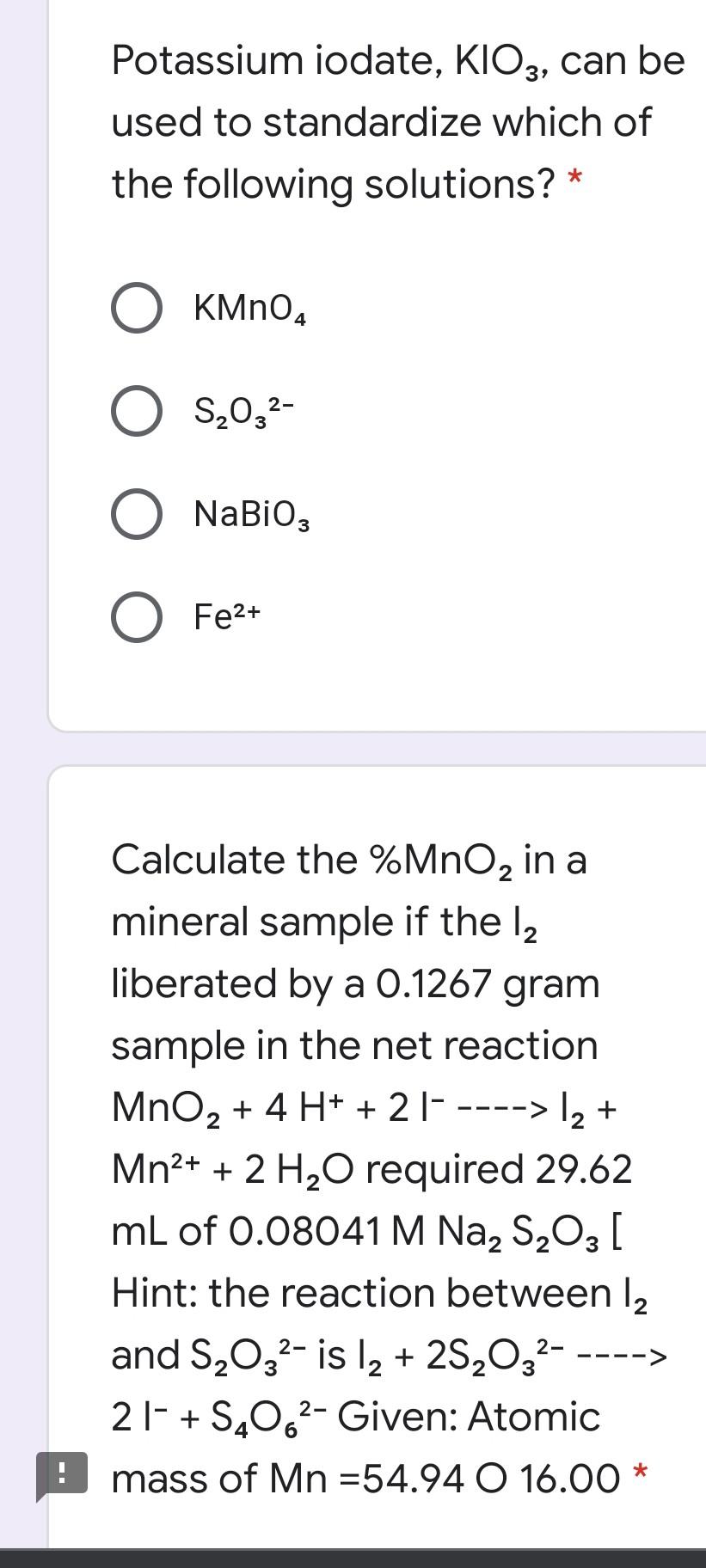 Solved Potassium iodate, KIO3, can be used to standardize | Chegg.com