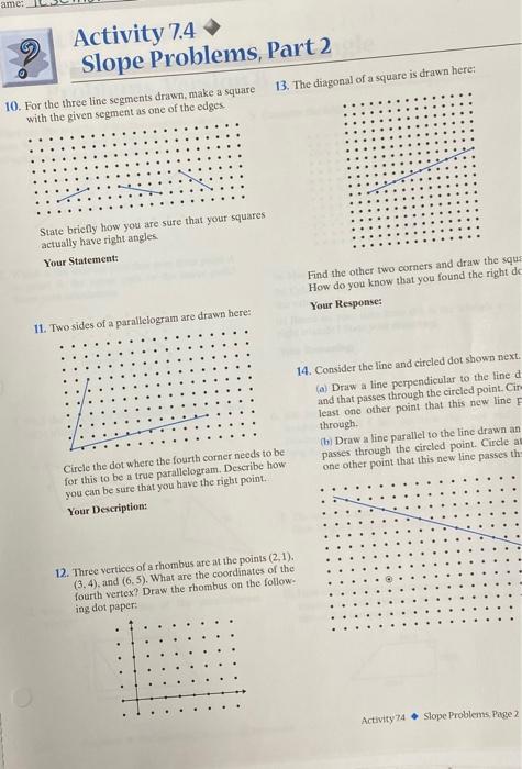 Solved ame: Activity 7.4 Slope Problems, Part 2 10. For the | Chegg.com