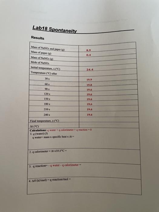 Solved Lab18 Spontaneity Results 8.9 0.4 Mass of NaNO, and | Chegg.com
