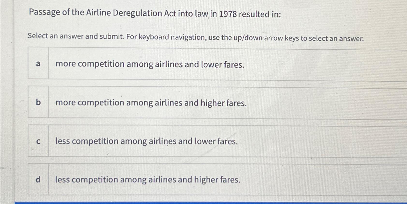 Solved Passage of the Airline Deregulation Act into law in | Chegg.com
