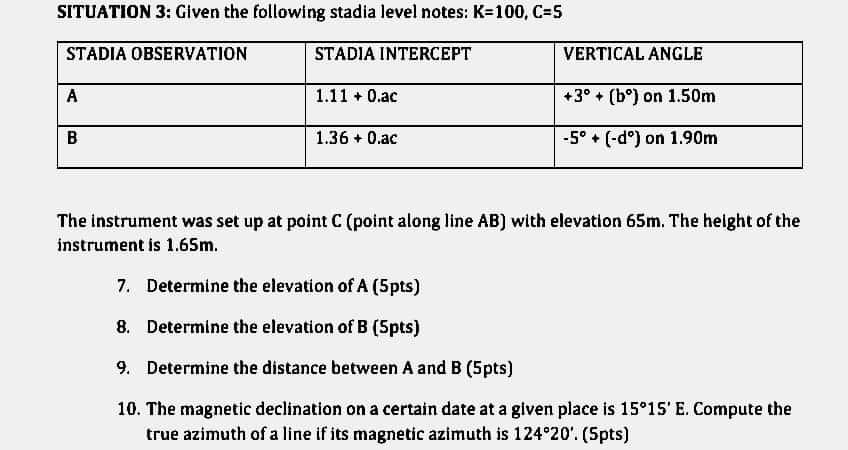Solved SITUATION 3: Given the following stadia level notes: | Chegg.com
