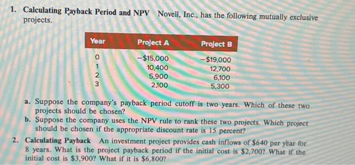 Solved 1. Calculating Payback Period and NPV Novell, Inc., | Chegg.com