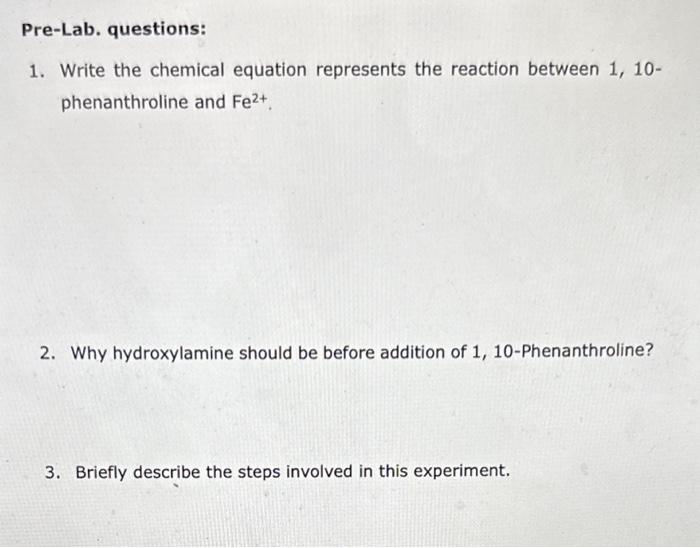 Solved Pre-Lab. questions: 1. Write the chemical equation | Chegg.com