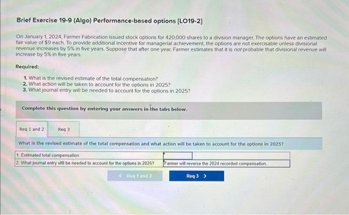Brief Exercise 19-9 (Algo) Performance-based options | Chegg.com