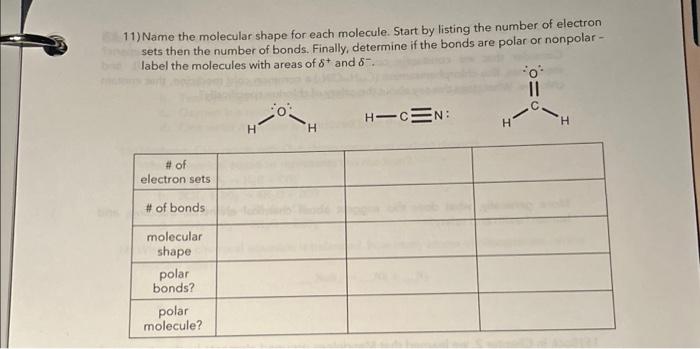 Solved 11) Name the molecular shape for each molecule. Start | Chegg.com