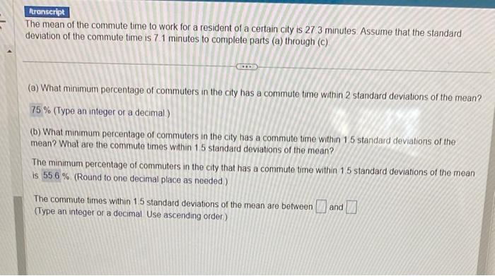 Solved The mean of the commute time to work for a resident | Chegg.com