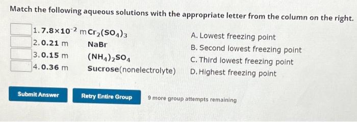 Solved Match the following aqueous solutions with the | Chegg.com