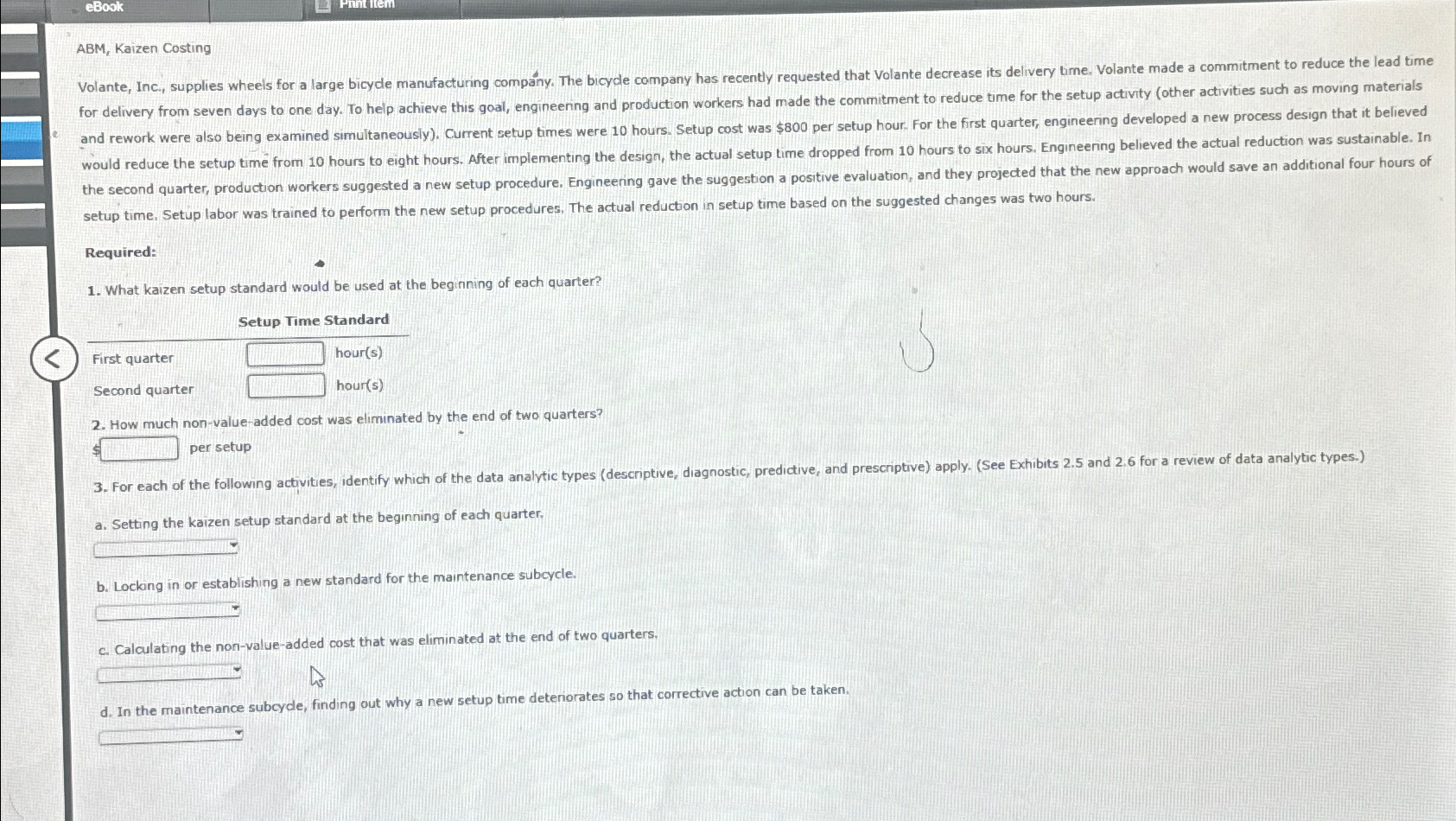 Solved ABM, Kaizen Costing setup time. Setup labor was | Chegg.com