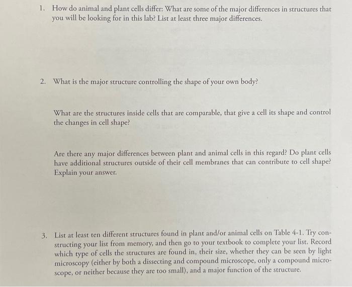 Solved 1. How do animal and plant cells differ: What are | Chegg.com
