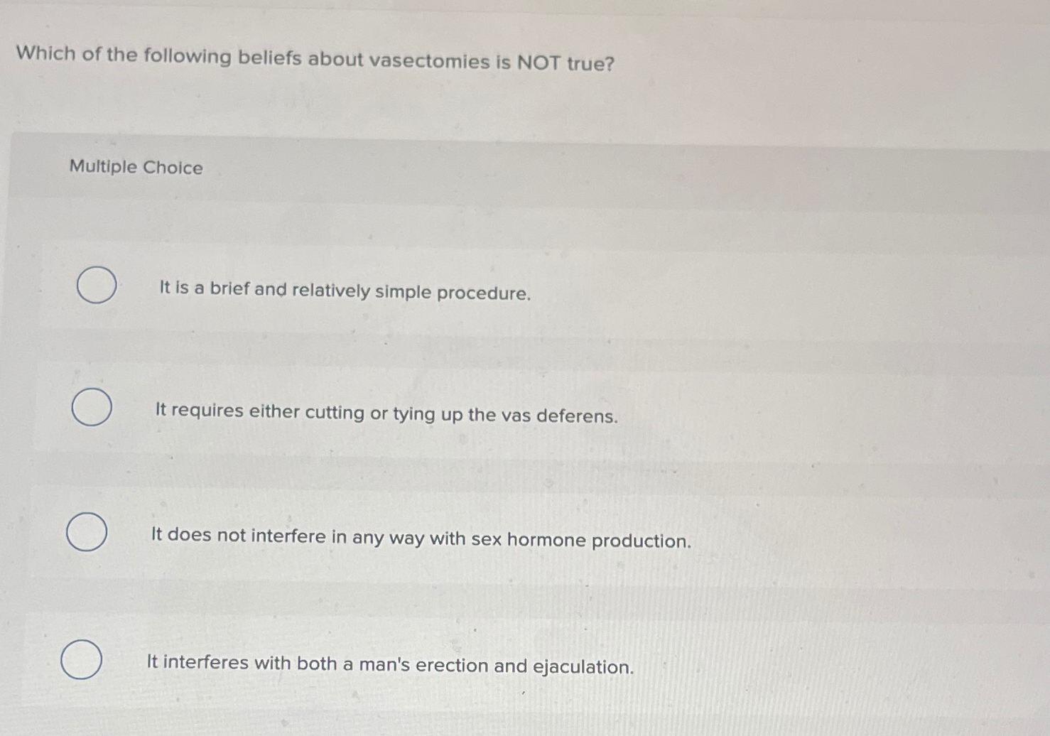 Solved Which of the following beliefs about vasectomies is | Chegg.com