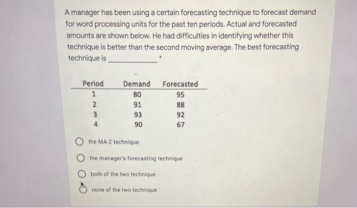 Solved A manager has been using a certain forecasting | Chegg.com