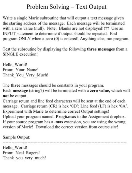 Solved Problem Solving - Text Output Write a single Marie | Chegg.com
