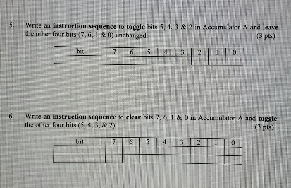 Solved 5. Write an instruction sequence to toggle bits 5, 4, | Chegg.com
