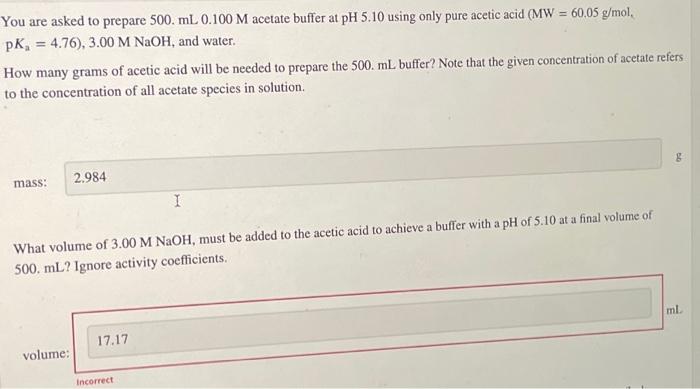 Solved You are asked to prepare 500.mL0.100M acetate buffer | Chegg.com