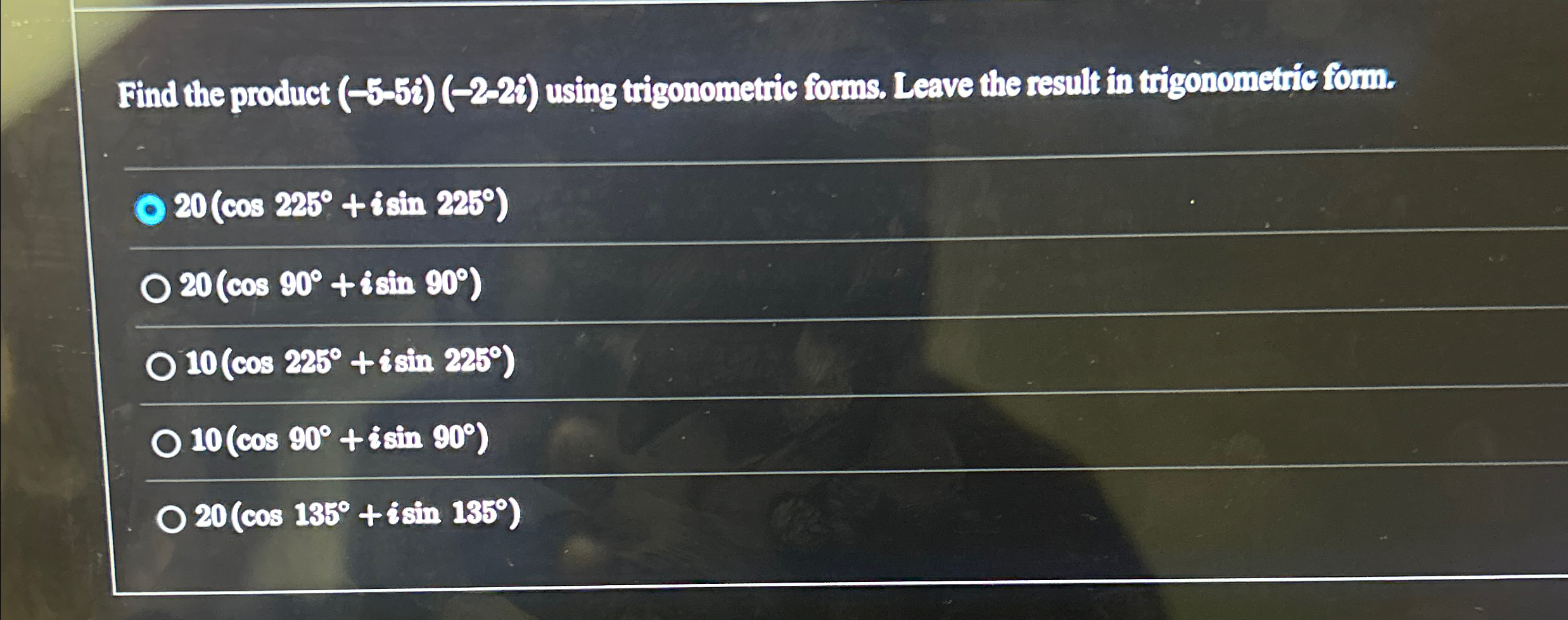 Find the product (-5-5i)(-2-23) ﻿using trigonometric | Chegg.com