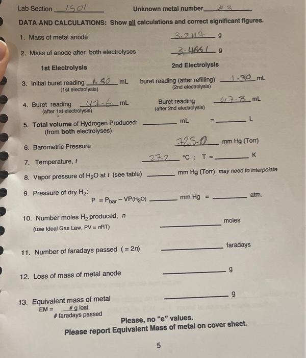 Solved Lab Section 1501 Unknown metal number DATA AND | Chegg.com