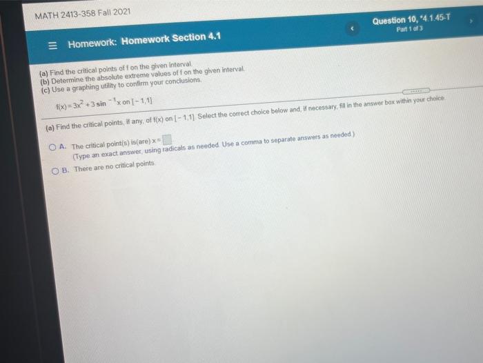 Solved MATH 2413-358 Fall 2021 Question 10, 4.1.45-T Part 1 | Chegg.com