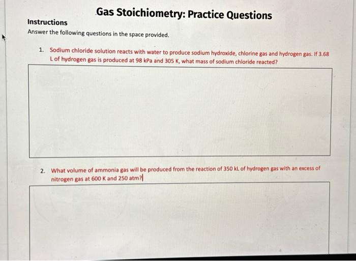 Solved Gas Stoichiometry: Practice Questions Instructions | Chegg.com