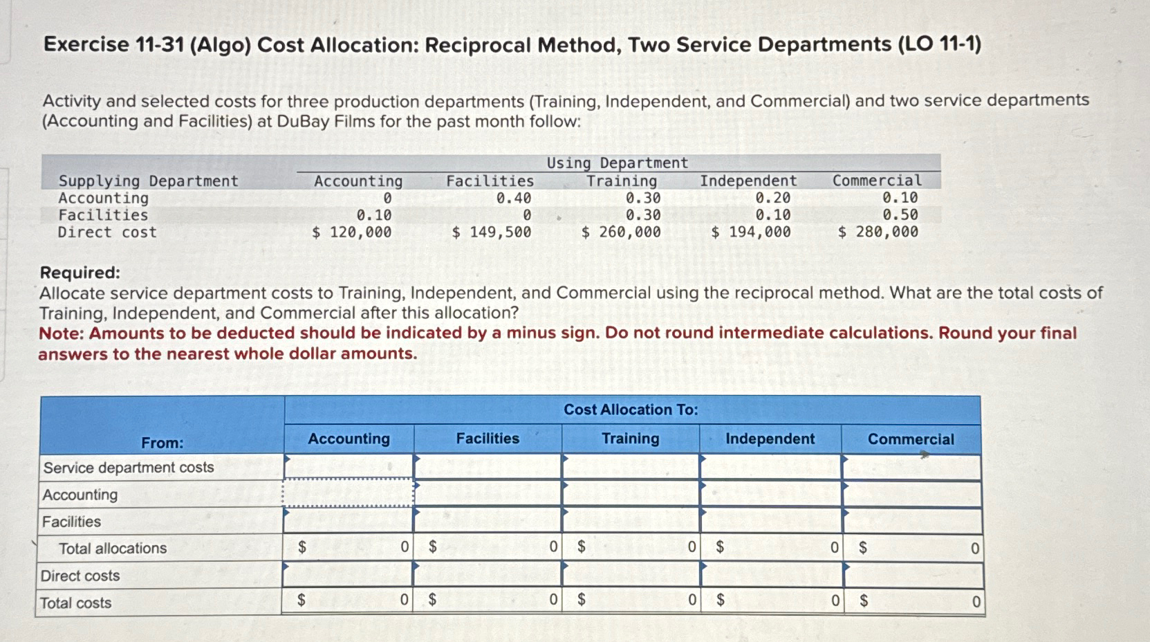 Solved Exercise 11-31 (Algo) ﻿Cost Allocation: Reciprocal | Chegg.com