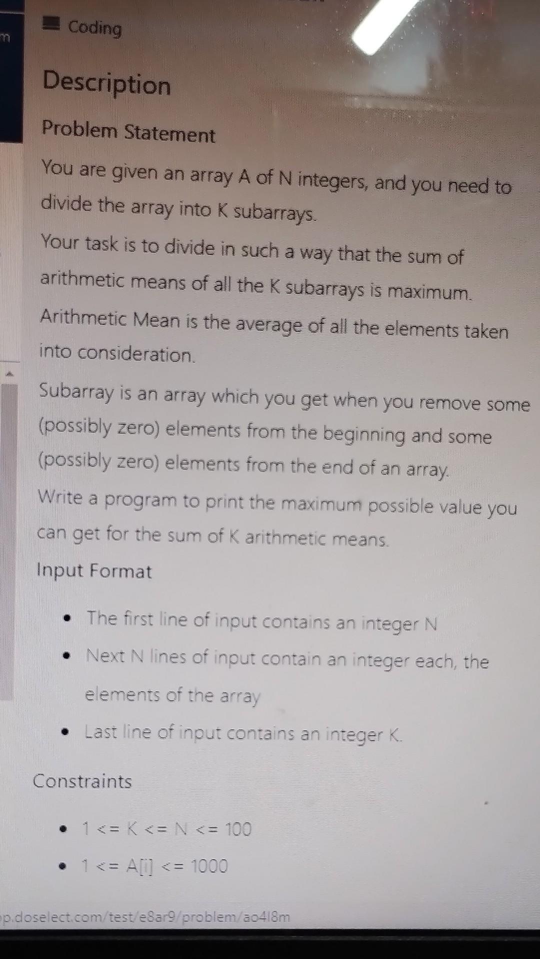 Solved Description Problem Statement You are given an array | Chegg.com