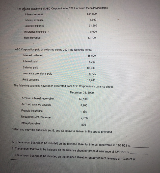 Solved The income statement of ABC Corporation for 2021 | Chegg.com