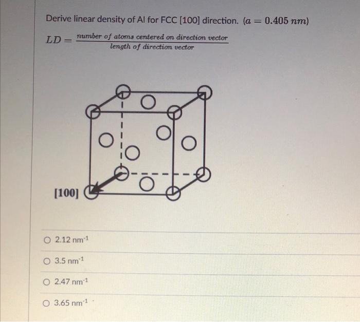Solved Derive linear density of Al for FCC [100] direction. | Chegg.com