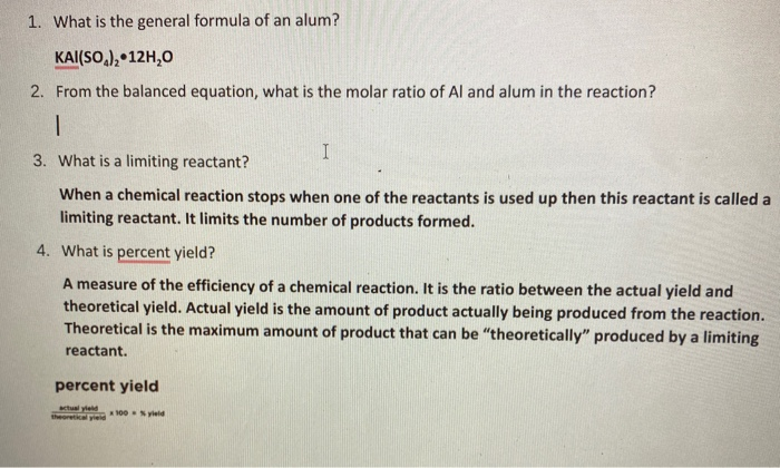 Solved 1. What is the general formula of an alum? | Chegg.com