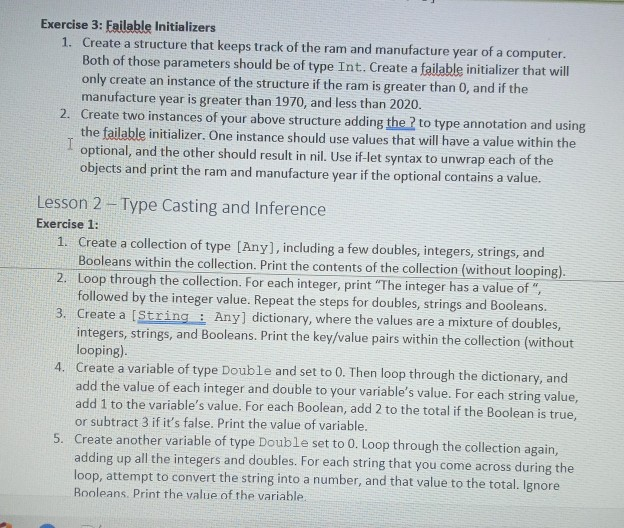 Exercise 3: Failable Initializers 1. Create a | Chegg.com