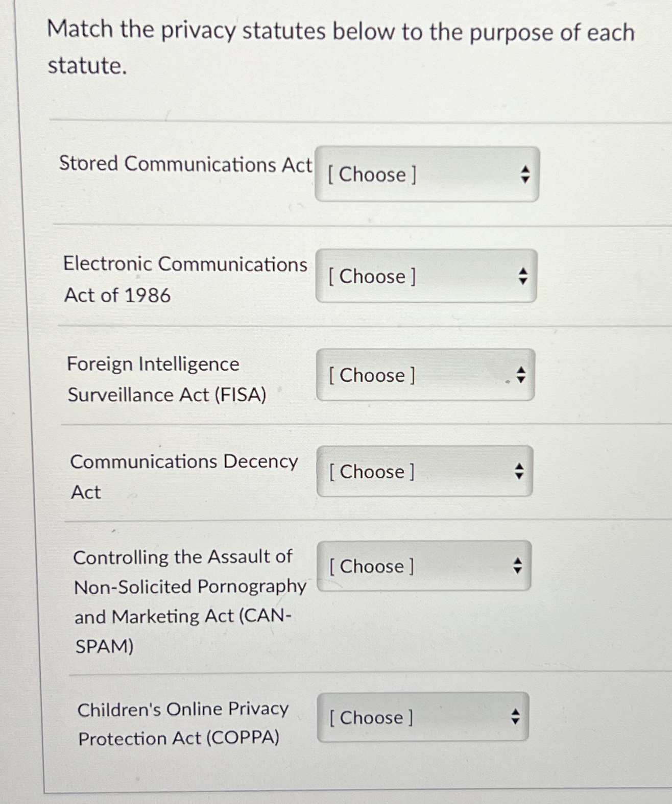 Solved Match the privacy statutes below to the purpose of | Chegg.com