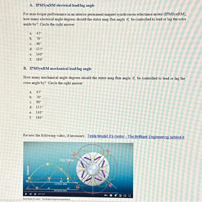 Solved A. IPMSynRM electrical lead/lag angle For max torque | Chegg.com