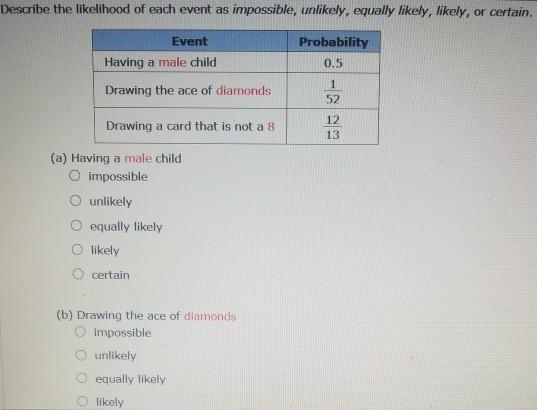 Solved Describe the likelihood of each event as impossible, | Chegg.com