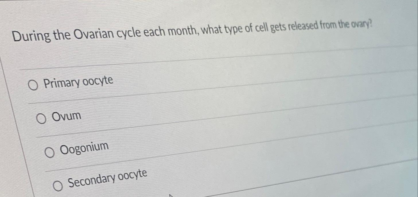 Solved During the Ovarian cycle each month, what type of | Chegg.com