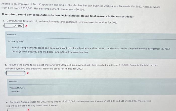 Solved Andrea is an employee of Fern Corporation and single. | Chegg.com