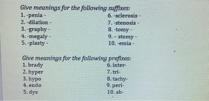 Solved Give meanings for the following suffixes: 1.-penia - | Chegg.com